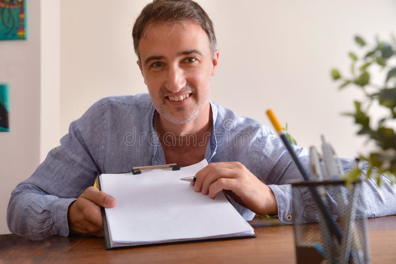 Man Showing Blank Sheet of Paper Side View Stock Image - Image of ...