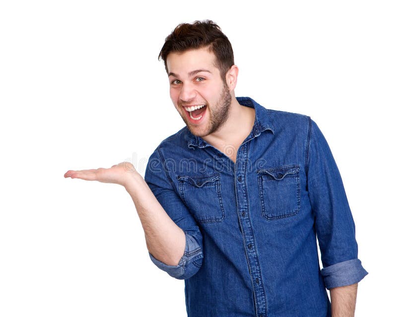 Smiling Man Showing Hand As Display Stock Image - Image of copy ...