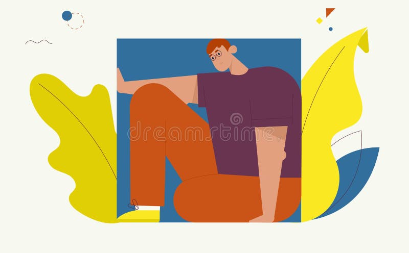 Smiling Man Sitting at Square Geometric Shape Stock Vector ...