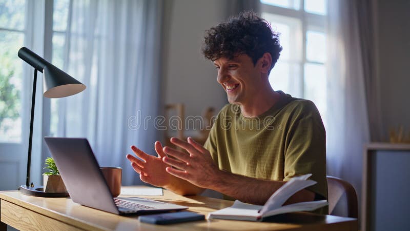 Smiling Man Speaking Laptop Video Call Home Closeup. Freelancer ...
