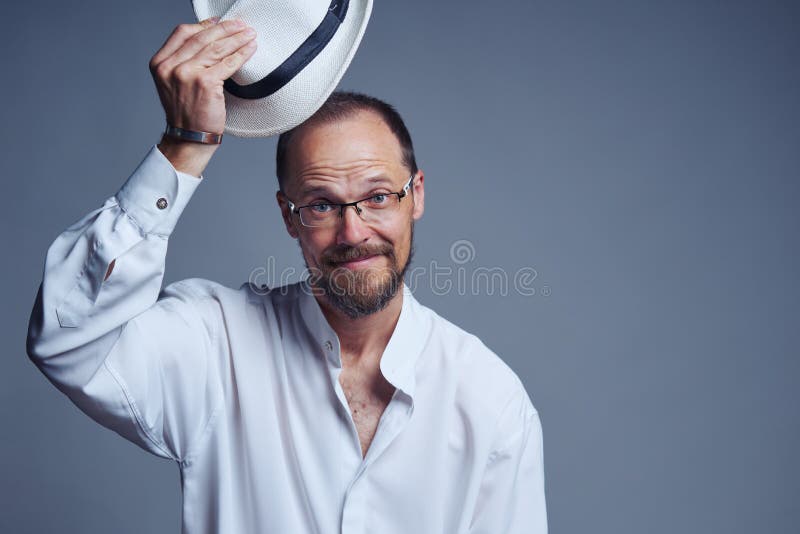 Smiling Man in Straw Hat Lifting His Hat Welcoming Stock Photo - Image ...