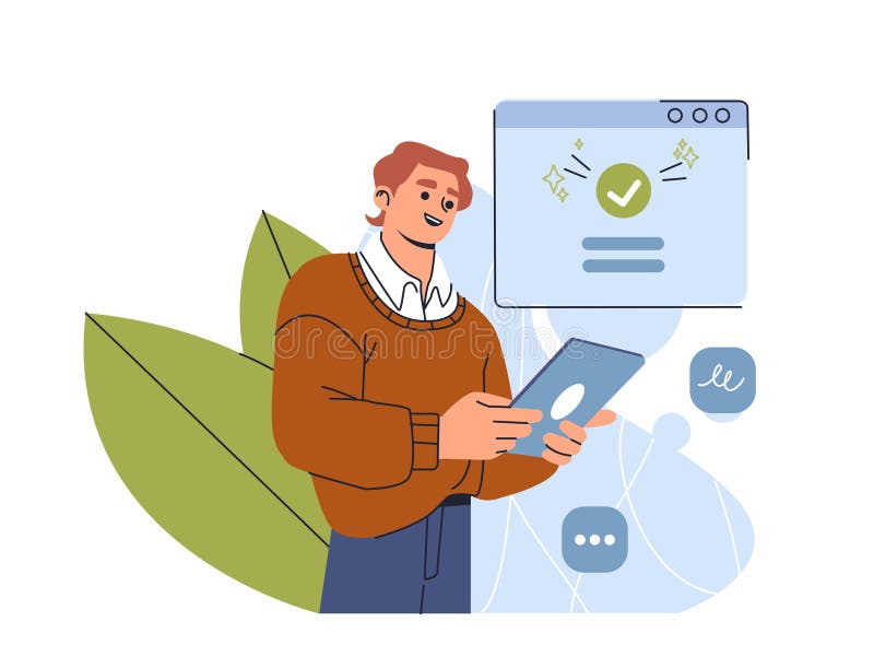 Smiling Man with a Tablet and a Check Mark on a Screen Symbolizing Task ...