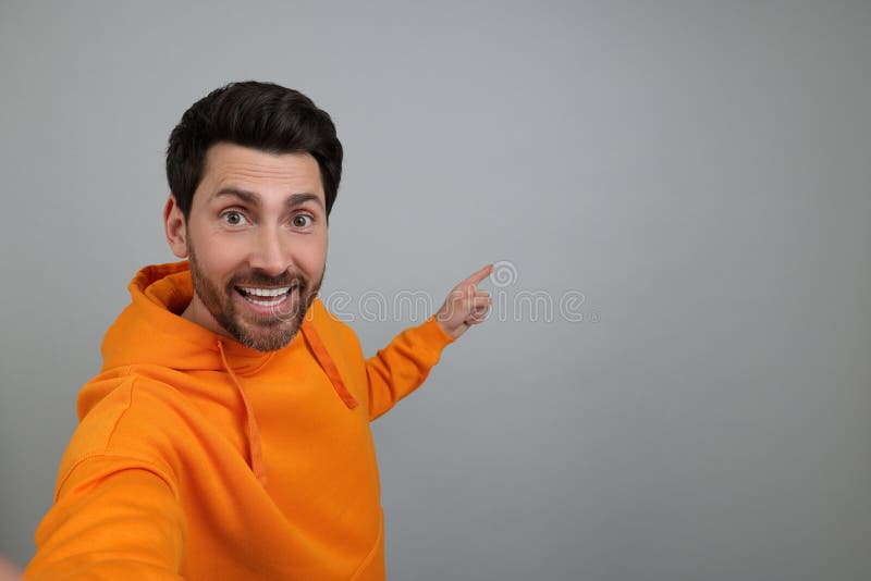 Smiling Man Taking Selfie Grey Background Space Text Stock Photos ...