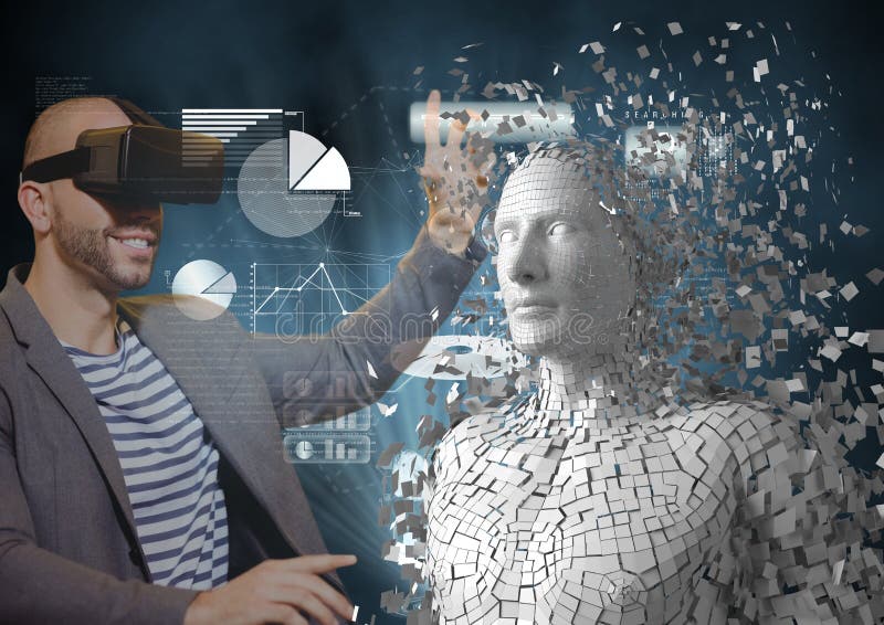 Smiling Man Touching 3d Human Figure while Wearing VR Glasses Stock ...