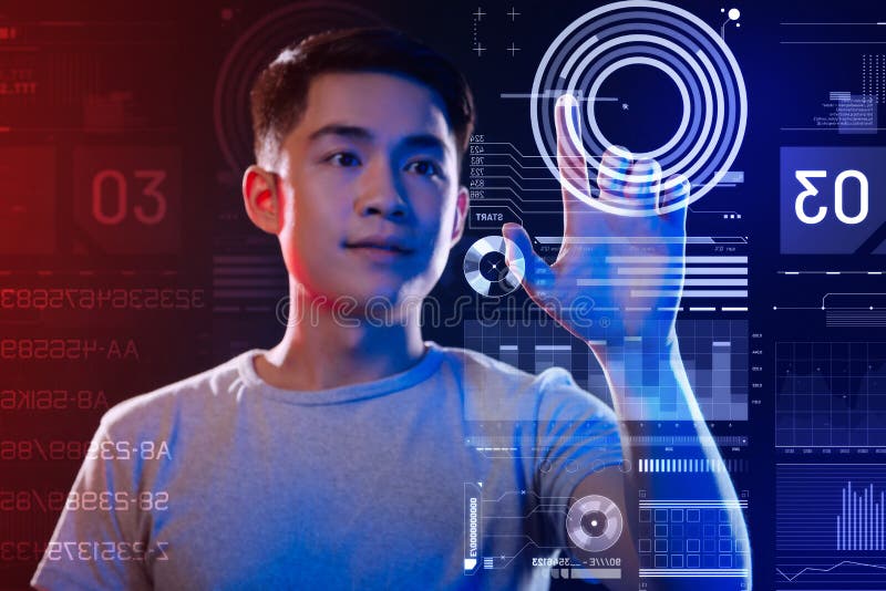 Smiling Man Touching the Screen and Using a New Program Stock Photo ...