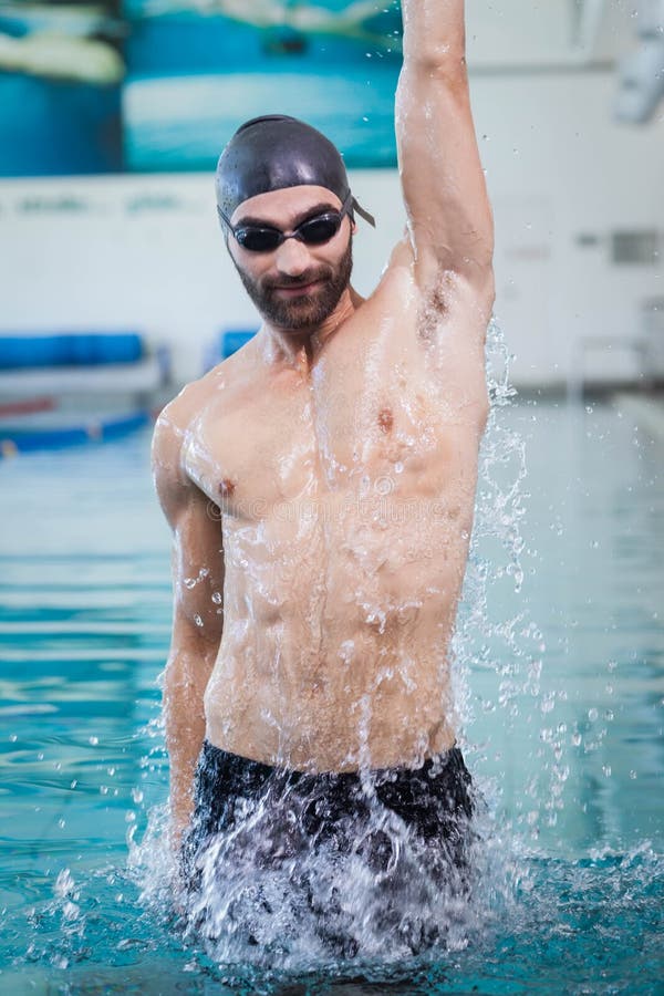 Smiling Man Triumphing with Raised Arm Stock Image - Image of fitness ...