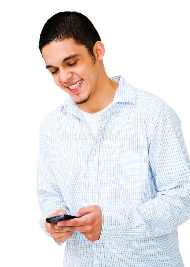 Happy Young Man Using Cell Phone Stock Photo - Image of looking ...