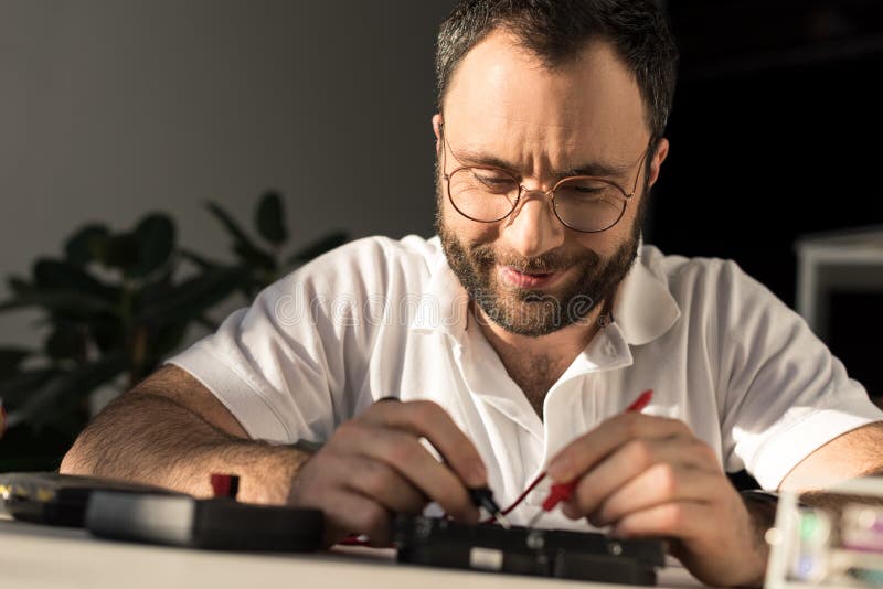 Smiling Man Using Multimeter while Stock Image - Image of tools ...
