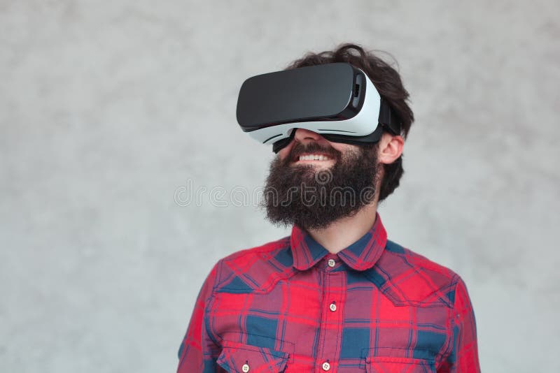 Smiling man in VR goggles stock photo. Image of future - 94676058