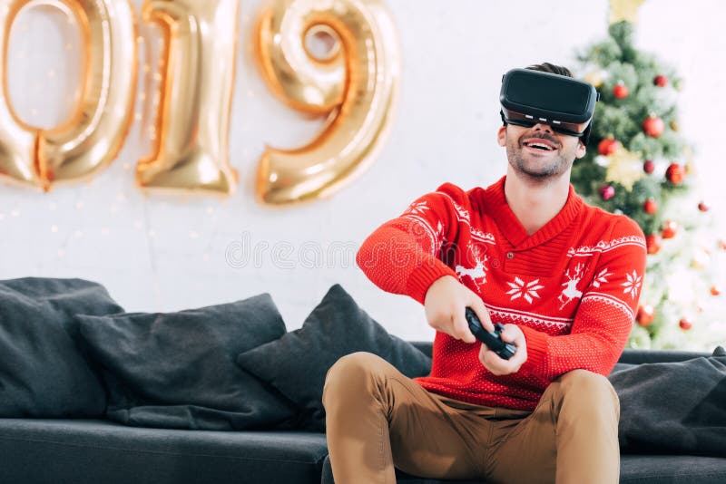 Smiling Man with Vr Headset and Joystick Playing Video Game during 2019 ...
