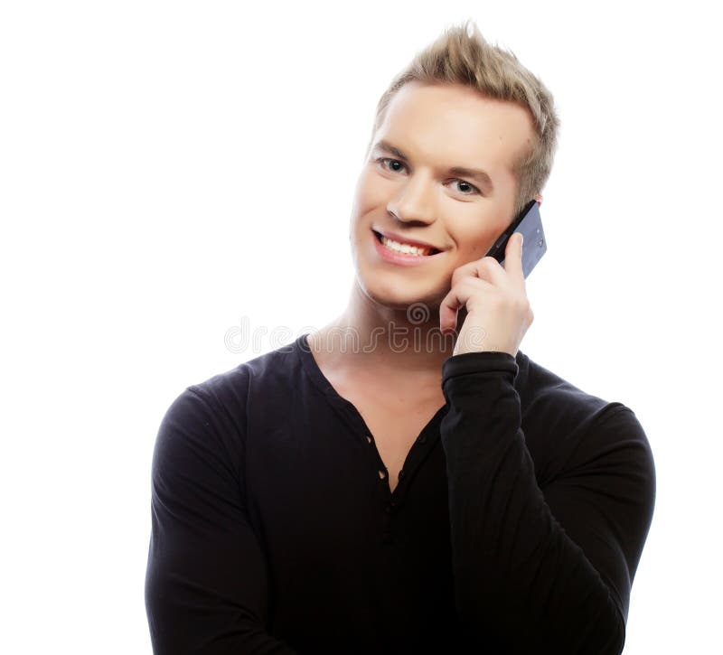 Smiling Man Walking and Talking on Cell Phone Stock Image - Image of ...