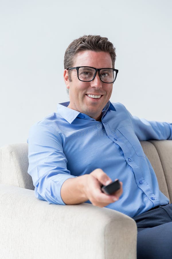 Handsome Smiling Man Sitting Sofa Remote Control His Hand Stock Photos ...