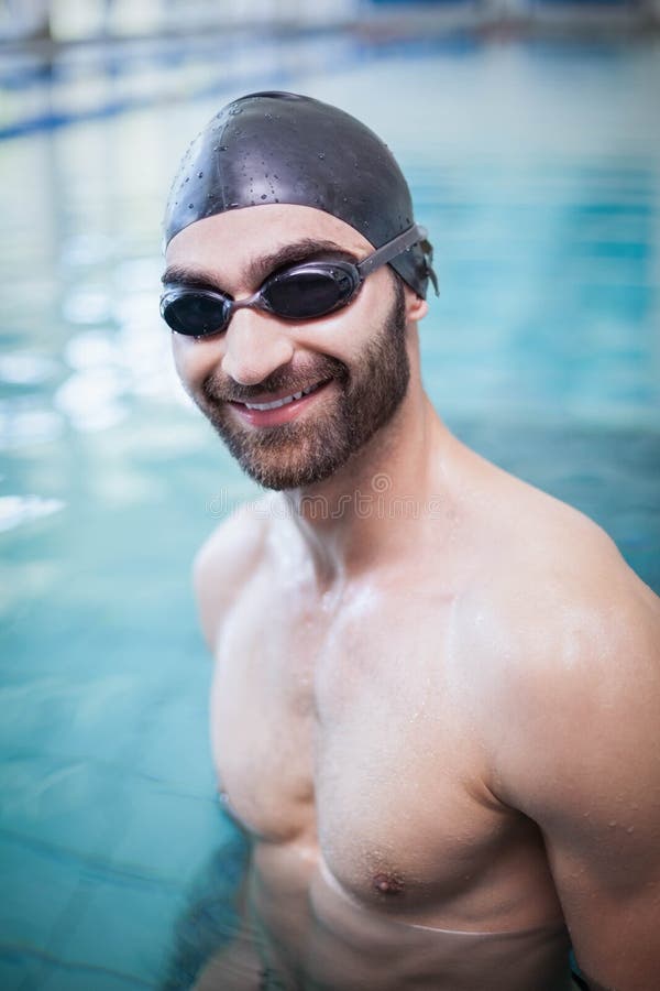 Smiling Man Wearing Swim Cap and Goggles Stock Image - Image of ...