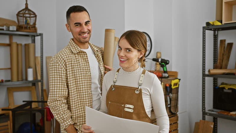 A Smiling Man and Woman Standing in a Bright Carpentry Workshop Holding ...