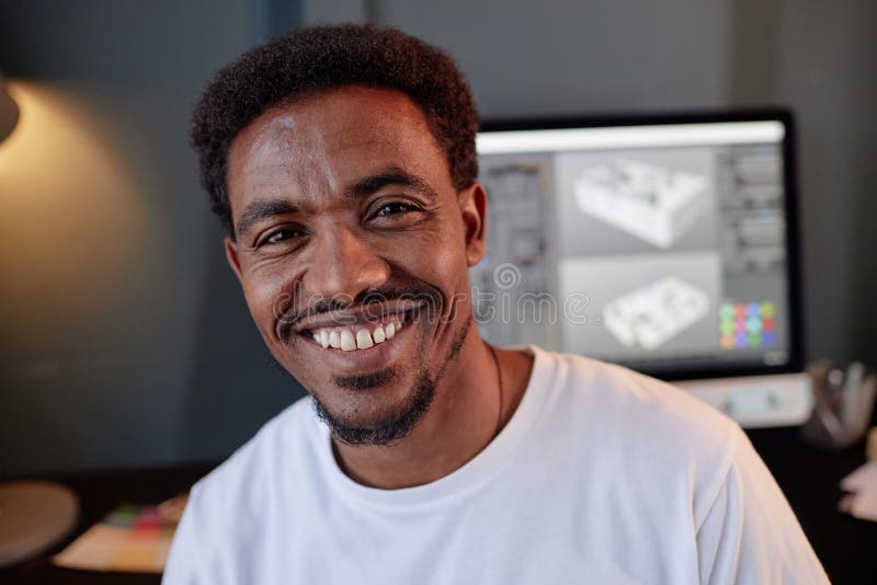 Smiling Man Working on 3D Design Software at Office Stock Photo - Image ...