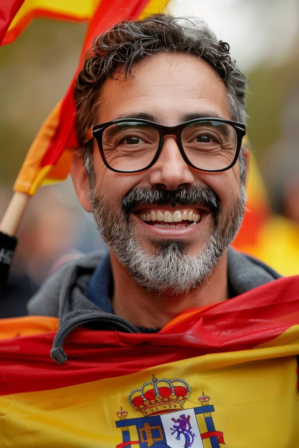 Smiling Man Wrapped in Spanish Flag Shows Pride and Support with a ...