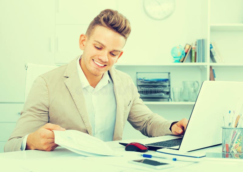 Smiling Manager at Office Desk with Laptop Stock Photo - Image of chief ...