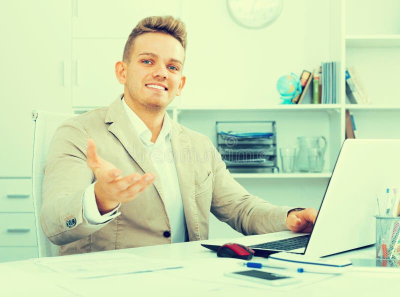 Smiling Manager at Office Desk with Laptop Stock Photo - Image of ...