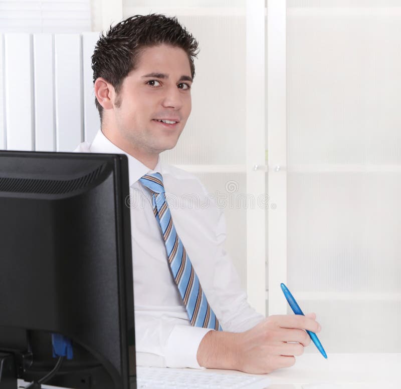 Smiling Manager in Suit and Tie Sitting at Office. Stock Photo - Image ...