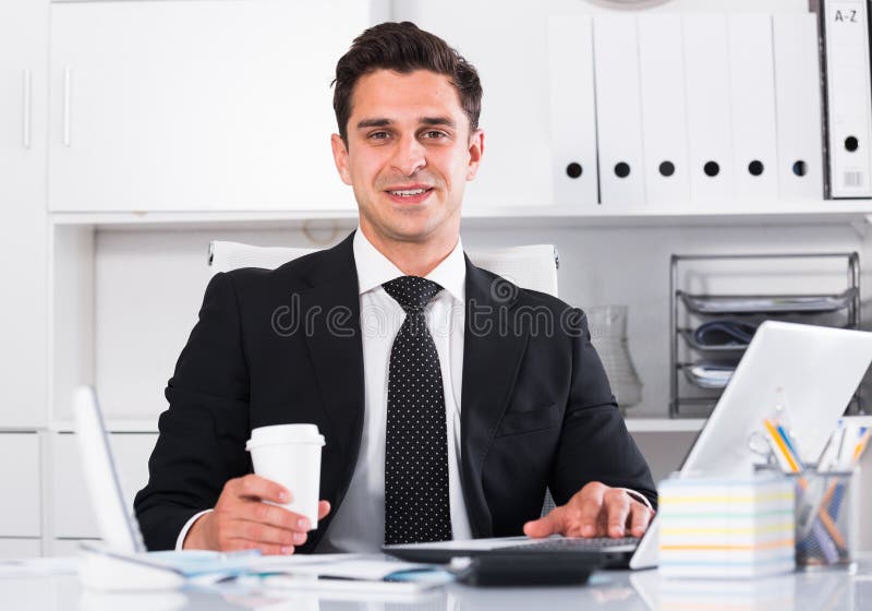 Smiling Manager Working on Laptop Stock Photo - Image of official ...