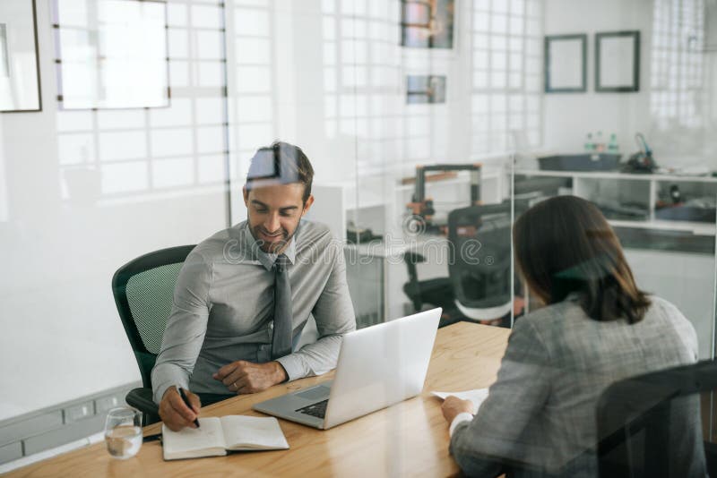 Smiling Manager Taking Notes while Conducting an Office Interview Stock ...