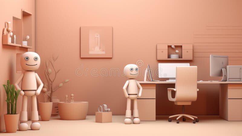 Smiling Mannequins in Stylish Peach Office Space with Desk, Computer ...