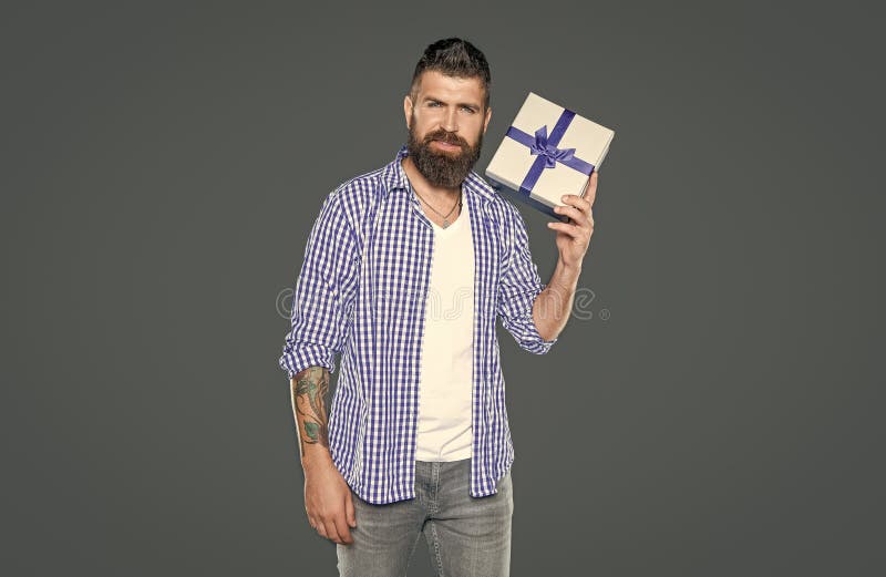 Smiling Mature Bearded Guy with Present Box on Grey Background Stock ...