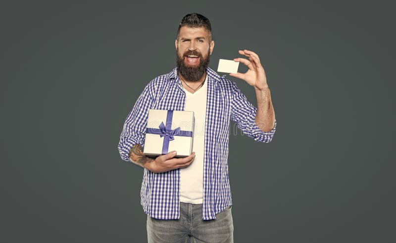 Smiling Mature Bearded Man with Present Box and Card Stock Photo ...