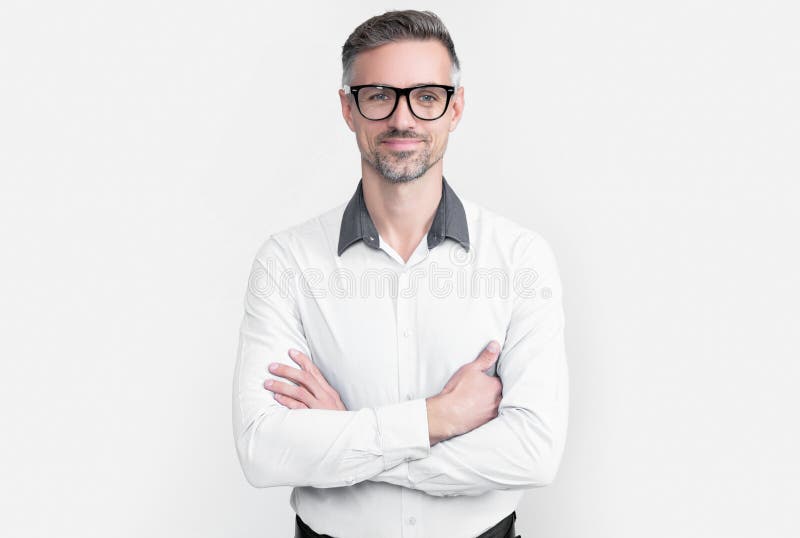 Smiling Mature Boss in Office Shirt Wearing Eyeglasses Stock Photo ...