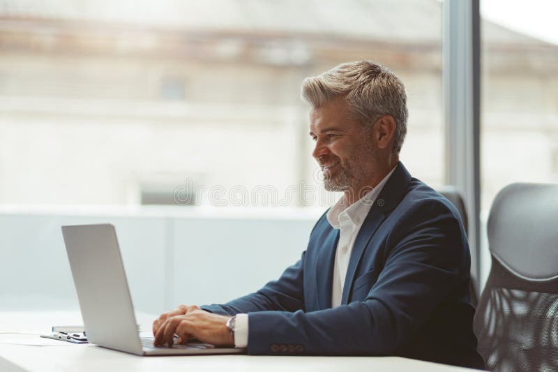 Smiling Mature Businessman Workingon Laptop while Sitting in Modern ... Smiling Mature Businessman Workingon Laptop while Sitting in Modern ...