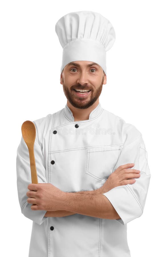 Smiling Mature Chef with Spoon on White Background Stock Photo - Image ...
