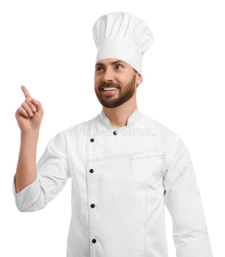 Smiling Mature Male Chef Pointing at Something on White Background ...