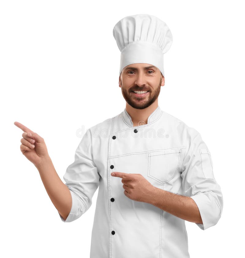 Smiling Mature Male Chef Pointing at Something on White Background ...