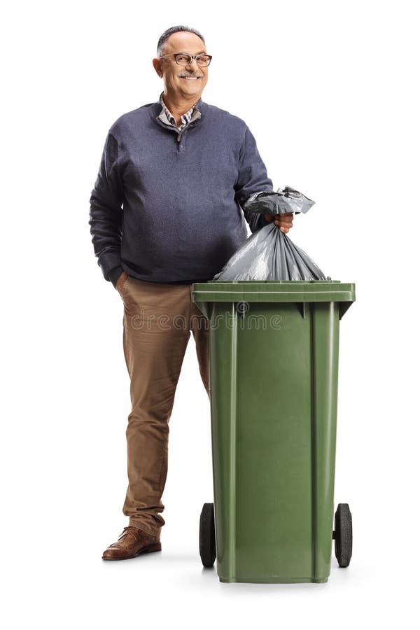 Smiling Mature Man Throwing a Waste Bag in a Dustbin Stock Image ...