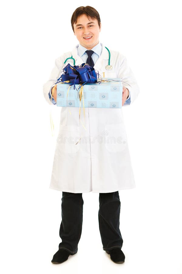 Smiling Medical Doctor Holding Present in Hands Stock Photo - Image of ...