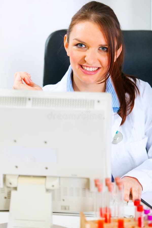 Smiling Medical Doctor Woman Working on Computer Stock Image - Image of ...