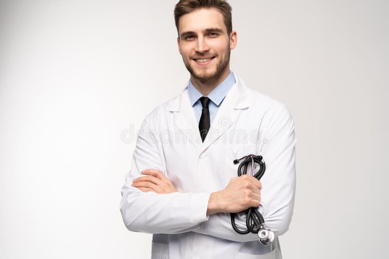 Smiling Medical Worker in White Coat on White. Stock Photo - Image of ...