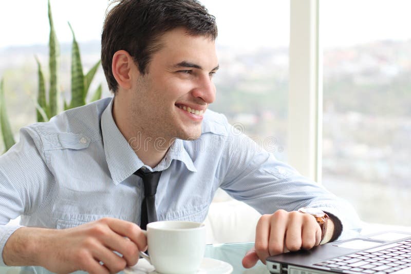 Smiling Men Drinking Tea and Look at Laptop Stock Image - Image of boss ...