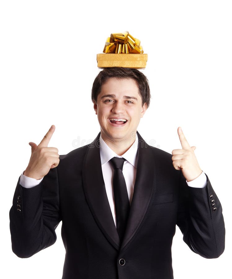 Smiling Men with Present Box Over Head. Stock Image - Image of elegance ...