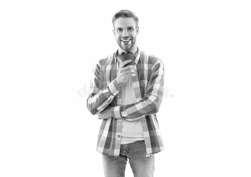 Smiling Millennial Man with Coffee Isolated on White. Millennial Man ...