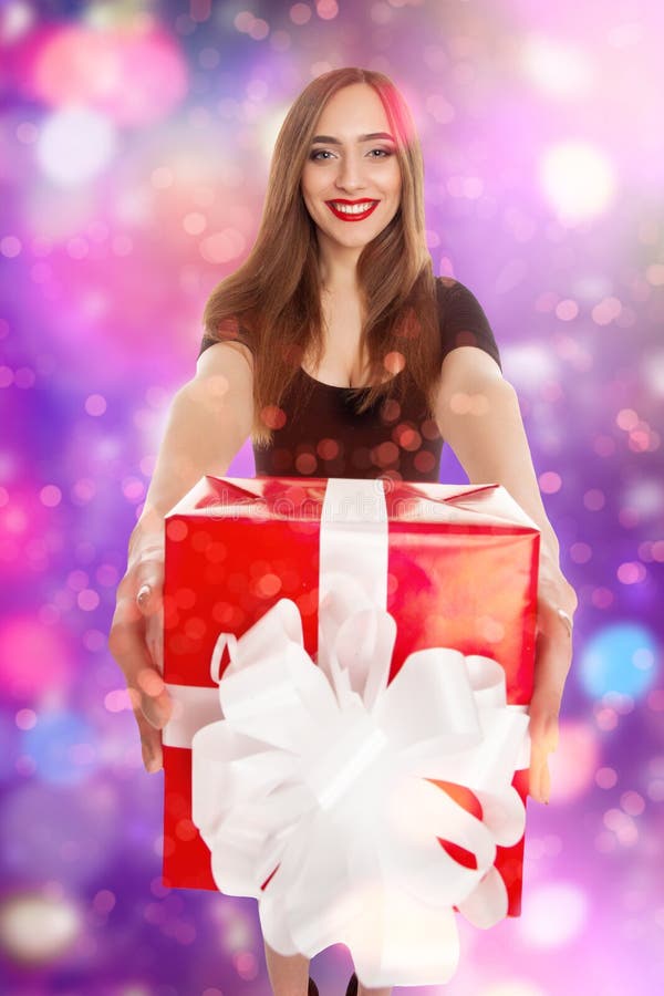 Smiling Model Showing Present Box Stock Photo - Image of caucasian ...