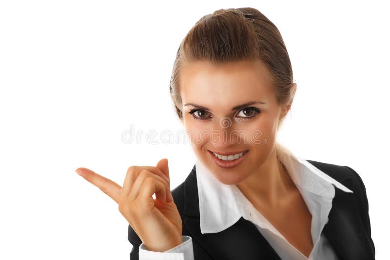 Smiling Modern Business Woman Pointing Finger on E Stock Image - Image ...