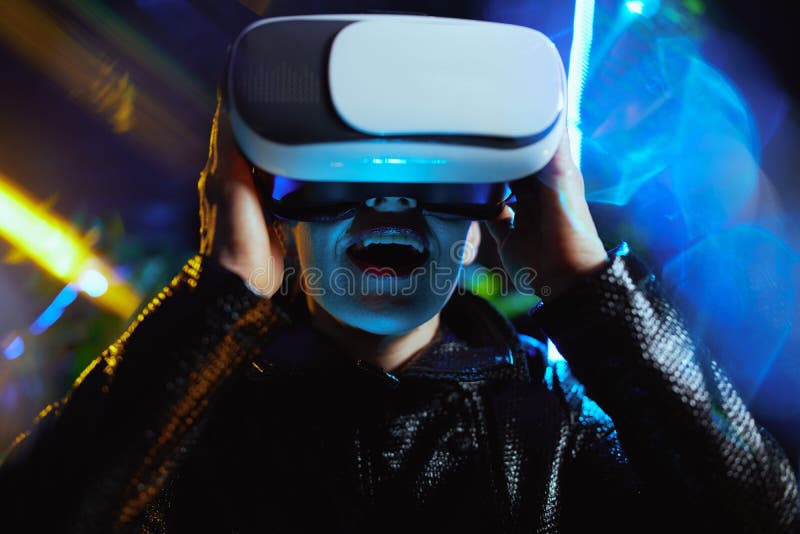 Smiling Modern Woman in Metaverse in Vr Goggles Stock Photo - Image of ...