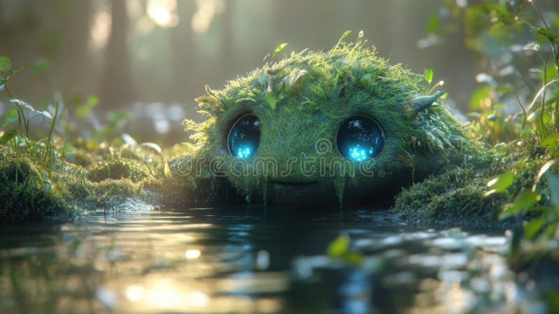 Smiling Moss Creature in Forest Pond Stock Illustration - Illustration ...
