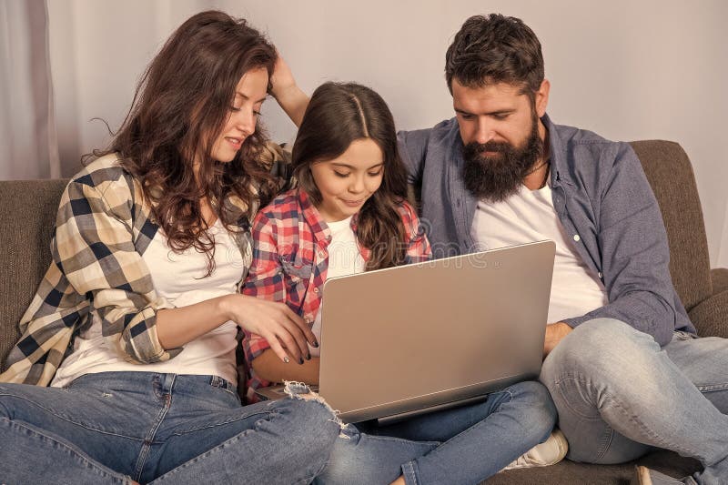 Smiling Mother Father and Daughter Use Computer, Education Stock Image ...