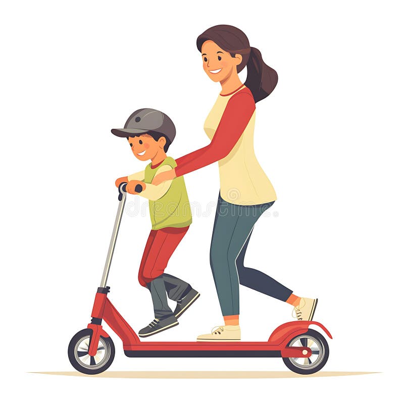 Smiling Mother and Son Enjoying a Scooter Ride Stock Illustration ...