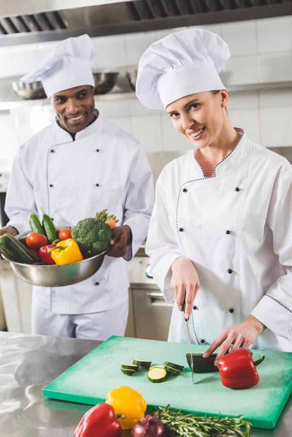 Smiling Multicultural Chefs Cooking Stock Photo - Image of cafe ...