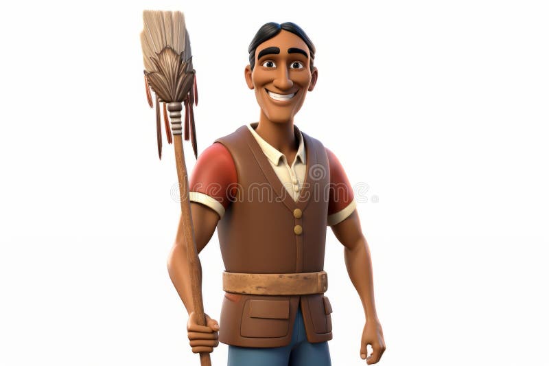 Smiling Native American Man Holding a Broom Generated Using AI. Stock ...