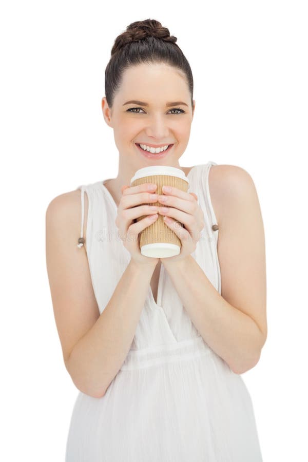 Smiling Natural Model in White Dress Drinking Coffee Stock Photo ...