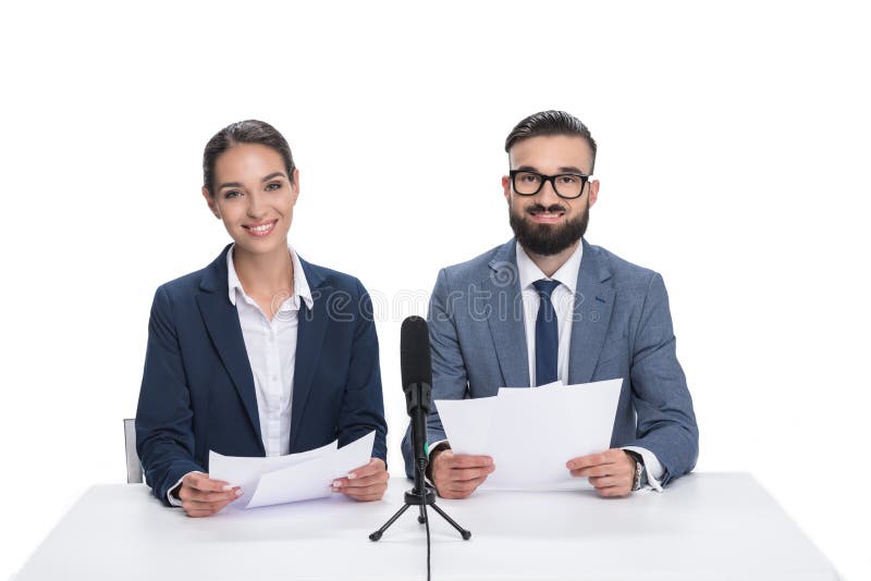 Smiling Male Newscaster with Papers Looking at Camera, Stock Photo ...
